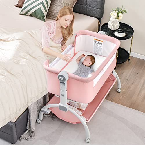 INFANS 3 in 1 Baby Bassinet, Bedside Sleeper, Rocking Cradle, Easy Folding Portable Safer Co-Sleeping Crib with Height Angle Adjustable, Wheels Storage Basket Travel Bag for Infant Newborn (Pink)