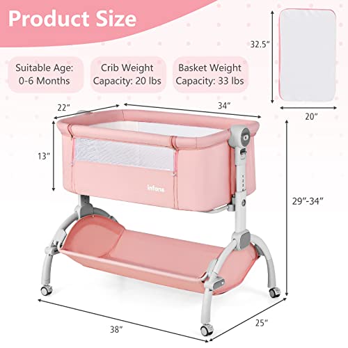 INFANS 3 in 1 Baby Bassinet, Bedside Sleeper, Rocking Cradle, Easy Folding Portable Safer Co-Sleeping Crib with Height Angle Adjustable, Wheels Storage Basket Travel Bag for Infant Newborn (Pink)