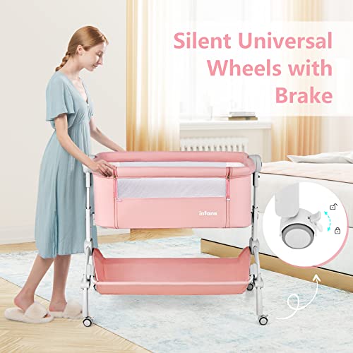 INFANS 3 in 1 Baby Bassinet, Bedside Sleeper, Rocking Cradle, Easy Folding Portable Safer Co-Sleeping Crib with Height Angle Adjustable, Wheels Storage Basket Travel Bag for Infant Newborn (Pink)