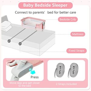 INFANS 3 in 1 Baby Bassinet, Bedside Sleeper, Rocking Cradle, Easy Folding Portable Safer Co-Sleeping Crib with Height Angle Adjustable, Wheels Storage Basket Travel Bag for Infant Newborn (Pink)