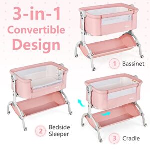 INFANS 3 in 1 Baby Bassinet, Bedside Sleeper, Rocking Cradle, Easy Folding Portable Safer Co-Sleeping Crib with Height Angle Adjustable, Wheels Storage Basket Travel Bag for Infant Newborn (Pink)