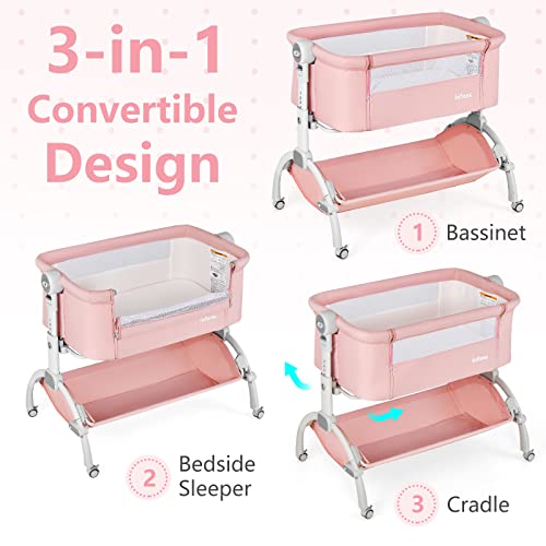 INFANS 3 in 1 Baby Bassinet, Bedside Sleeper, Rocking Cradle, Easy Folding Portable Safer Co-Sleeping Crib with Height Angle Adjustable, Wheels Storage Basket Travel Bag for Infant Newborn (Pink)