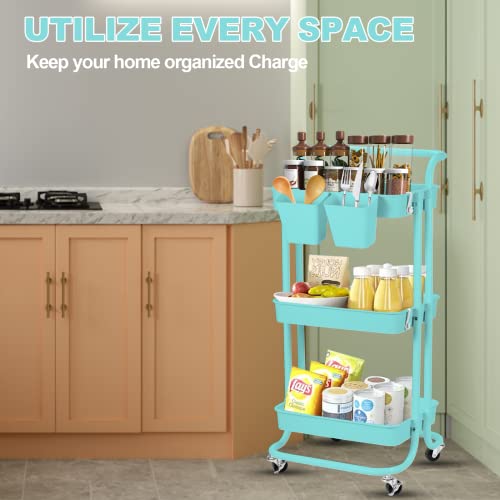 Baby Diaper Caddy Organizer Metal Rolling Storage Cart on Handle 3-Tier Rolling Mobile Utility Cart Movable Storage Organizer with Wheels Multifunction Newborn Essentials Cart Easy Assembly(Blue)