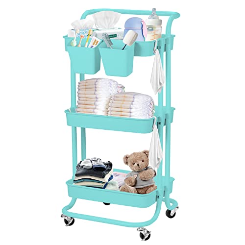 Baby Diaper Caddy Organizer Metal Rolling Storage Cart on Handle 3-Tier Rolling Mobile Utility Cart Movable Storage Organizer with Wheels Multifunction Newborn Essentials Cart Easy Assembly(Blue)