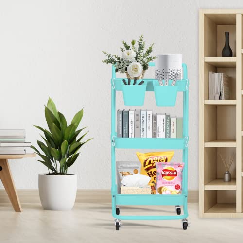 Baby Diaper Caddy Organizer Metal Rolling Storage Cart on Handle 3-Tier Rolling Mobile Utility Cart Movable Storage Organizer with Wheels Multifunction Newborn Essentials Cart Easy Assembly(Blue)