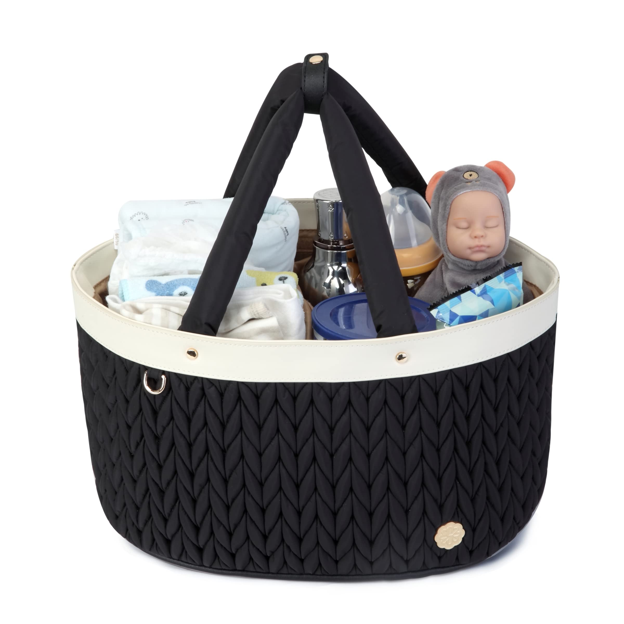 SEWBOO Baby Diaper Caddy Organizer Basket,Newborn Baby Diaper Bag Essential Items,Water Resistant,Large Capacity, Anti-Tear Lining (Black)