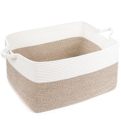 ZLG Extra Large Rectangle Storage Basket 72L Rope Blanket Basket Living Room Pillow Basket Baby Toy Organizer Woven Storage Bin for Kids with Handles Dirty Clothes Storage Hamper, 22 x 17 x 12 inches