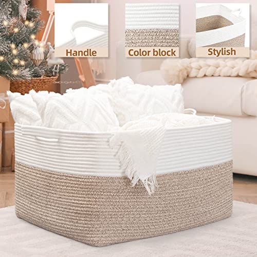 ZLG Extra Large Rectangle Storage Basket 72L Rope Blanket Basket Living Room Pillow Basket Baby Toy Organizer Woven Storage Bin for Kids with Handles Dirty Clothes Storage Hamper, 22 x 17 x 12 inches