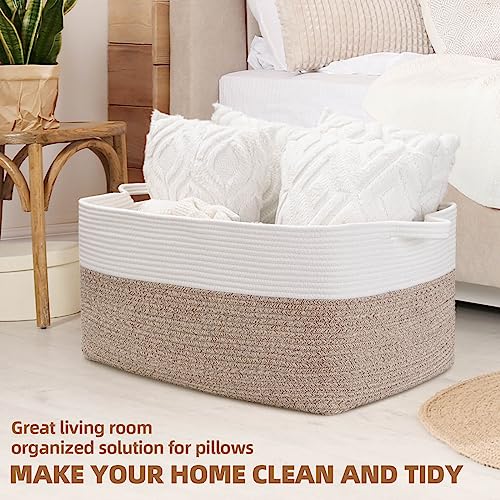 ZLG Extra Large Rectangle Storage Basket 72L Rope Blanket Basket Living Room Pillow Basket Baby Toy Organizer Woven Storage Bin for Kids with Handles Dirty Clothes Storage Hamper, 22 x 17 x 12 inches