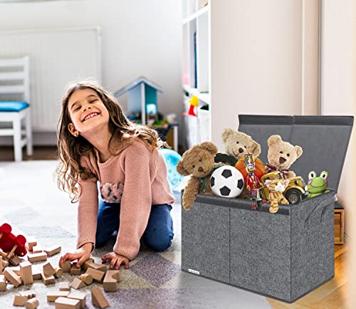 Friday Monkey Large Toys Box Storage Organizer with Lid & Comfortable Handles, Collapsible Sturdy Toy Chest Boxes Bins Baskets for Kids, Boys, Girls, Playroom, 25x13x16inch, Dark Grey, ZMBCWJX