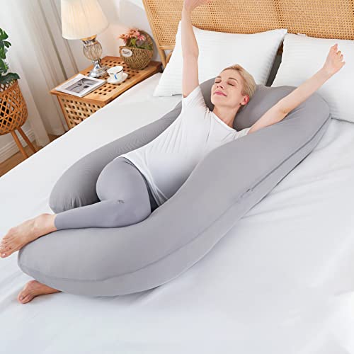 Sasttie Cooling Pregnancy Pillows for Sleeping, Maternity Pillow for Pregnant Women, 59'' U Shaped Pregnant Pillow with Removable Cooling Cover, Pregnancy Must Haves, Light Grey