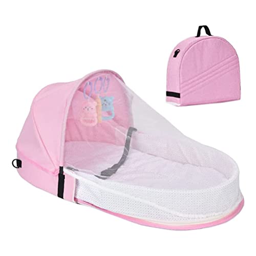 ba net Mosquito Srliya Baby Travel Cot with Mosquito Net and Awning Portable Baby Cot Changing Bag Foldable Baby Cot with Mosquito Net Cuddly Nest Baby Cot (Pink)