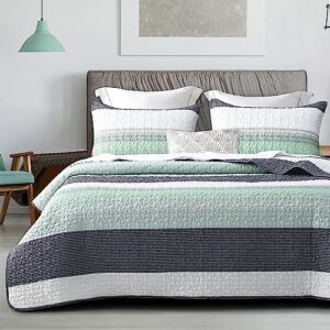 durlengen mint green quilt set california king size 3pcs, bohemian design with white & mint green & blue & grey stripes, all season lightweight coverlet sets(california king 112x104,mint green)