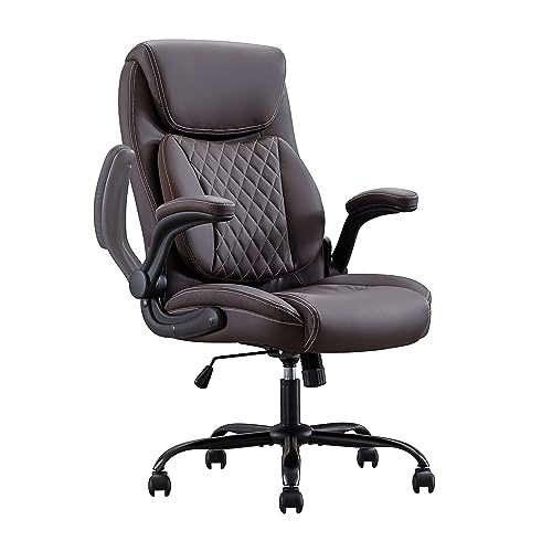 DYHOME Ergonomic Home Office Desk Chair Brown Leather Tracking Back Lumbar Support with Flip-up Adjustable Arms High Back Executive Office Chair Modern Managerial Big and Tall Home Office Chair