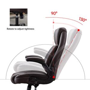 DYHOME Ergonomic Home Office Desk Chair Brown Leather Tracking Back Lumbar Support with Flip-up Adjustable Arms High Back Executive Office Chair Modern Managerial Big and Tall Home Office Chair