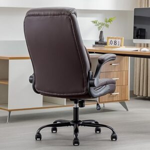 DYHOME Ergonomic Home Office Desk Chair Brown Leather Tracking Back Lumbar Support with Flip-up Adjustable Arms High Back Executive Office Chair Modern Managerial Big and Tall Home Office Chair