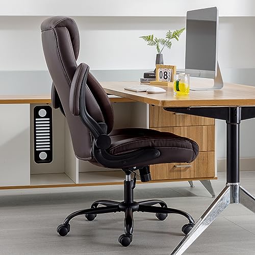 DYHOME Ergonomic Home Office Desk Chair Brown Leather Tracking Back Lumbar Support with Flip-up Adjustable Arms High Back Executive Office Chair Modern Managerial Big and Tall Home Office Chair