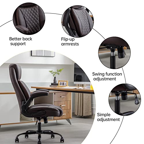 DYHOME Ergonomic Home Office Desk Chair Brown Leather Tracking Back Lumbar Support with Flip-up Adjustable Arms High Back Executive Office Chair Modern Managerial Big and Tall Home Office Chair