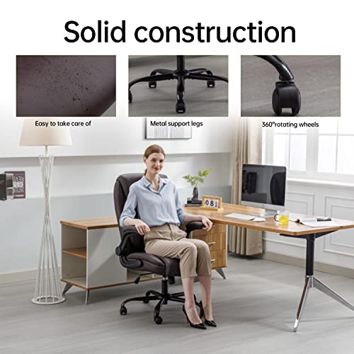 DYHOME Ergonomic Home Office Desk Chair Brown Leather Tracking Back Lumbar Support with Flip-up Adjustable Arms High Back Executive Office Chair Modern Managerial Big and Tall Home Office Chair