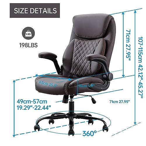 DYHOME Ergonomic Home Office Desk Chair Brown Leather Tracking Back Lumbar Support with Flip-up Adjustable Arms High Back Executive Office Chair Modern Managerial Big and Tall Home Office Chair