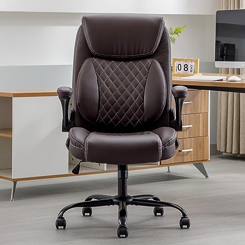 DYHOME Ergonomic Home Office Desk Chair Brown Leather Tracking Back Lumbar Support with Flip-up Adjustable Arms High Back Executive Office Chair Modern Managerial Big and Tall Home Office Chair