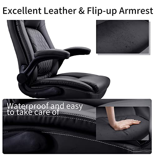 DYHOME High Back Office Chair Adjustable Lumbar Support Flip-Up Arms Black Leather Ergonomic Big and Tall Home Office Desk Computer Chair Comfortable Modern Executive Office Chair