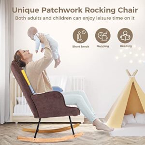 Unovivy Rocking Chair Nursery, Upholstered Nursing Armchair with Wooden Base, Baby Glider Rocker with Backrest, Small Gliding Seat for Bedroom, Living Room, Office, 30 Inches Depth, Patchwork Blue