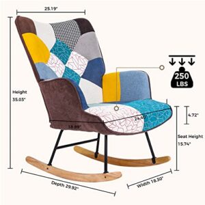 Unovivy Rocking Chair Nursery, Upholstered Nursing Armchair with Wooden Base, Baby Glider Rocker with Backrest, Small Gliding Seat for Bedroom, Living Room, Office, 30 Inches Depth, Patchwork Blue