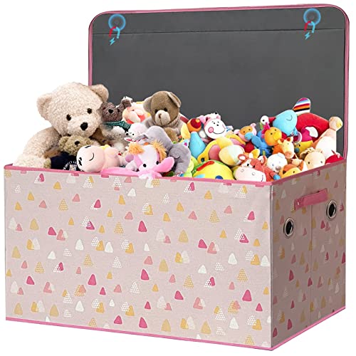 Extra Large Toy Box Chest Organizer for Girls Boys-Kids Collapsible Storage Bin Container with Sturdy Thick MDF Board,Lid and Handles for Clothes,Blanket,Nursery,Playroom,Bedroom,Stuffed Animals,Quilt(106L Pink)