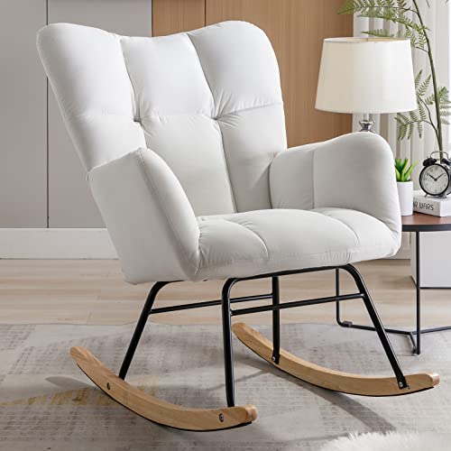 Sudwesto Modern Nursery Rocking Chair, Upholstered Glider Chair with High Backrest, Rocker Accent Armchair with Solid Wood Legs for Nursery Bedroom Living Room (White Velvet)