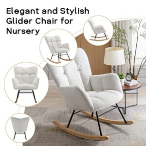 Sudwesto Modern Nursery Rocking Chair, Upholstered Glider Chair with High Backrest, Rocker Accent Armchair with Solid Wood Legs for Nursery Bedroom Living Room (White Velvet)