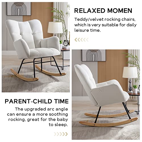 Sudwesto Modern Nursery Rocking Chair, Upholstered Glider Chair with High Backrest, Rocker Accent Armchair with Solid Wood Legs for Nursery Bedroom Living Room (White Velvet)