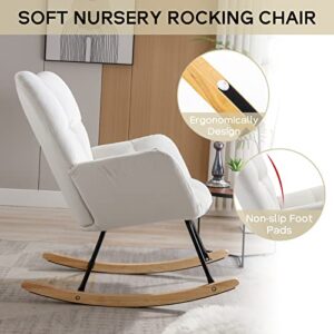 Sudwesto Modern Nursery Rocking Chair, Upholstered Glider Chair with High Backrest, Rocker Accent Armchair with Solid Wood Legs for Nursery Bedroom Living Room (White Velvet)