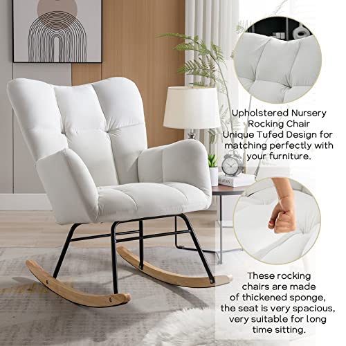 Sudwesto Modern Nursery Rocking Chair, Upholstered Glider Chair with High Backrest, Rocker Accent Armchair with Solid Wood Legs for Nursery Bedroom Living Room (White Velvet)