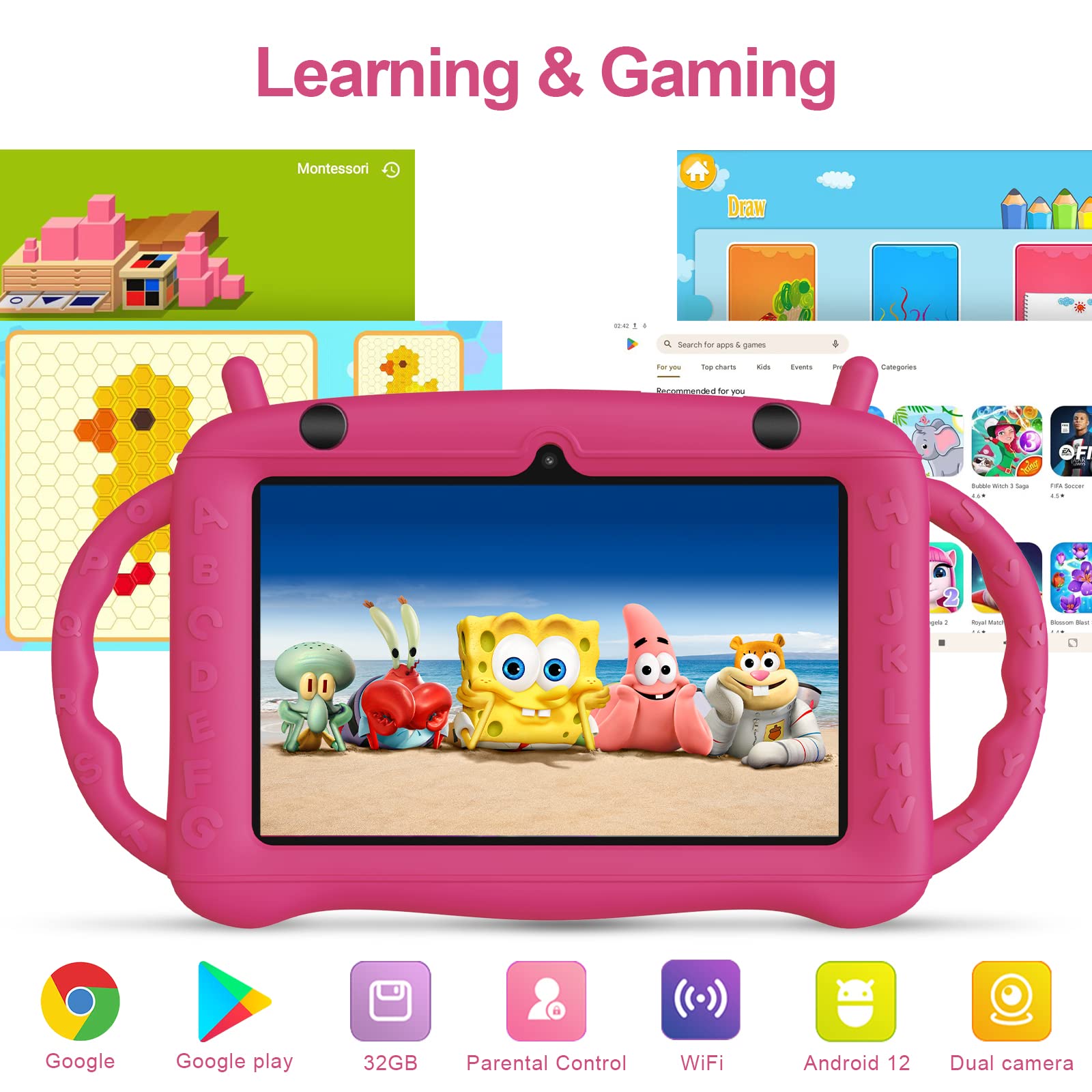 Fivahiva Kids Tablet, 7 inch Android 12.0 Tablet for Kids 2-6, 2GB 32GB Toddler Tablet with Bluetooth, WiFi, GMS, Parental Control, Dual Camera, Shockproof Case, Educational, Games