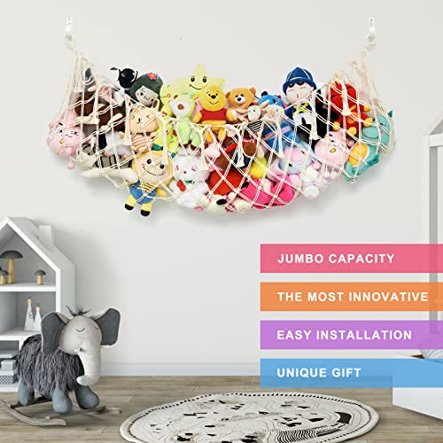 Stuffed Animals Net or Hammock Large-Macrame Jumbo Doll Room Corner Organizer Mesh Decoration-Hanging Storage Nets Kids Bedroom with Hooks for Hanging