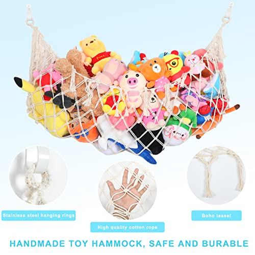 Stuffed Animals Net or Hammock Large-Macrame Jumbo Doll Room Corner Organizer Mesh Decoration-Hanging Storage Nets Kids Bedroom with Hooks for Hanging