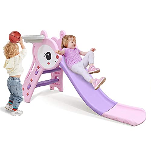 Kids Slide with Basketball Hoop, Indoor/Outdoor Toddler Slide Playset for Boys & Girls, Backyard Baby Playground for Toddlers(Pink)