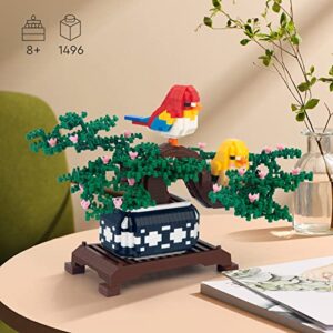 Finger Rock Bonsai Tree Building Sets, Japanese Cherry Blossom Tree Mini Building Set with 2 Lovebirds, Creative Bonsai Plant Model Gift for Kids and Adults 8+ (1496pcs)