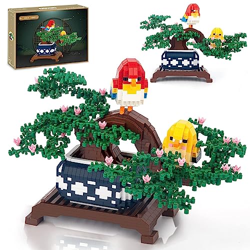 Finger Rock Bonsai Tree Building Sets, Japanese Cherry Blossom Tree Mini Building Set with 2 Lovebirds, Creative Bonsai Plant Model Gift for Kids and Adults 8+ (1496pcs)