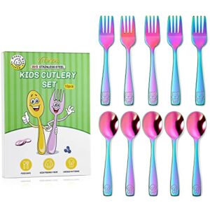 10 pack toddler utensils, stainless steel rainbow silverware set for kids, children safe cutlery set includes forks and spoons - dishwasher safe