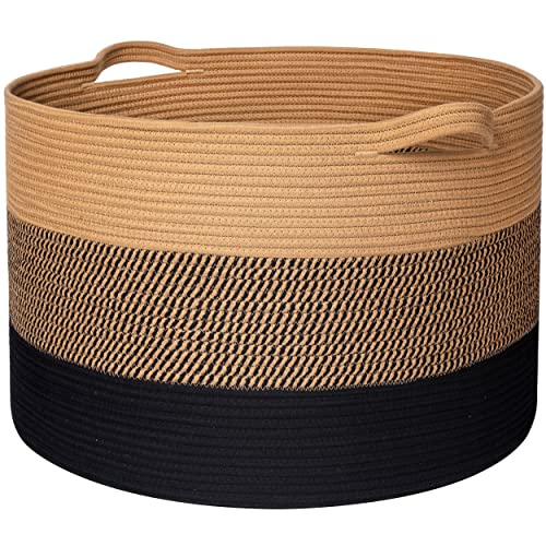 MINTWOOD Design Extra Large 22 x 14 Inches Blanket Basket Living Room, Laundry Basket, Woven Basket, Toy Storage Baskets Bin, Decorative Round Cotton Rope Basket for Pillows, Towels, Black Jute