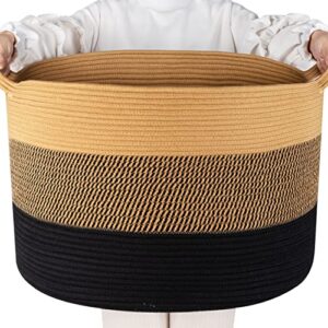 MINTWOOD Design Extra Large 22 x 14 Inches Blanket Basket Living Room, Laundry Basket, Woven Basket, Toy Storage Baskets Bin, Decorative Round Cotton Rope Basket for Pillows, Towels, Black Jute