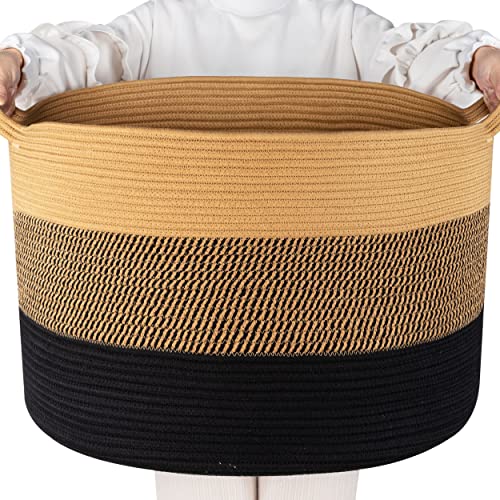 MINTWOOD Design Extra Large 22 x 14 Inches Blanket Basket Living Room, Laundry Basket, Woven Basket, Toy Storage Baskets Bin, Decorative Round Cotton Rope Basket for Pillows, Towels, Black Jute