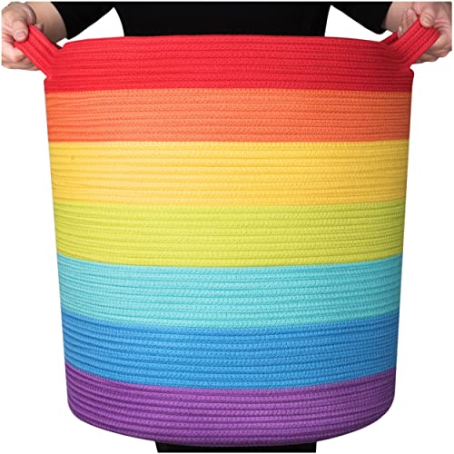 MINTWOOD Design Extra Large 20 x 18 Inches Decorative Woven Cotton Rope Basket, Tall Laundry Basket Hamper, Blanket Basket for Living Room, Round Storage Baskets for Pillows, Towels, Rainbow