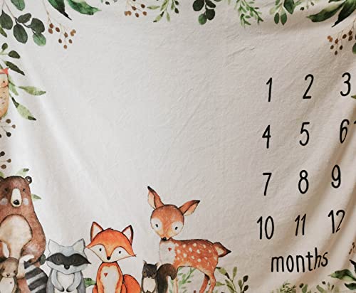 Yuzioey Woodland Baby Monthly Milestone Blanket, Woodland Animals Baby Growth Chart Monthly Blanket, Watch Me Grow Baby Woodland Forest Nursery for New Moms Baby Shower, Includes Marker (50"x40")