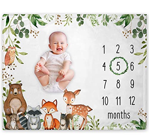 Yuzioey Woodland Baby Monthly Milestone Blanket, Woodland Animals Baby Growth Chart Monthly Blanket, Watch Me Grow Baby Woodland Forest Nursery for New Moms Baby Shower, Includes Marker (50"x40")