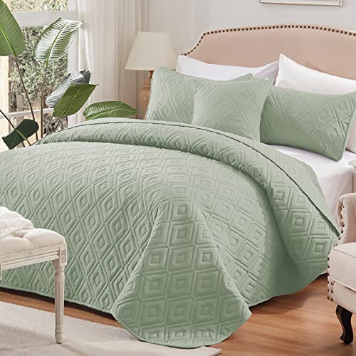 COZYART Quilt Set Queen Size Sage Green Lightweight Bedspread with Pillow Shams Soft Coverlet Bedding Sets for All Season,Dimond,3 Pieces,1 Quilt 2 Pillow Shams