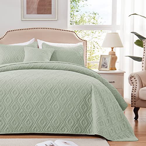 COZYART Quilt Set Queen Size Sage Green Lightweight Bedspread with Pillow Shams Soft Coverlet Bedding Sets for All Season,Dimond,3 Pieces,1 Quilt 2 Pillow Shams