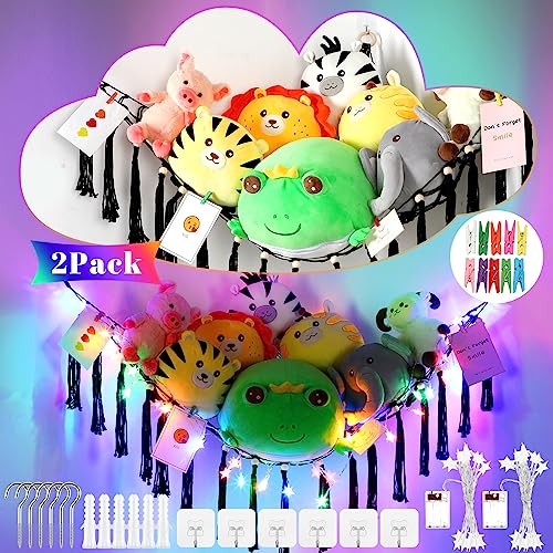 2 Set Large Stuffed Animal Toy Net Hammock with LED Light Plush Toy Hammock with Hooks Boho Corner Stuffed Animal Hanging Organizer for Kids Bedroom Nursery Decoration (Black)